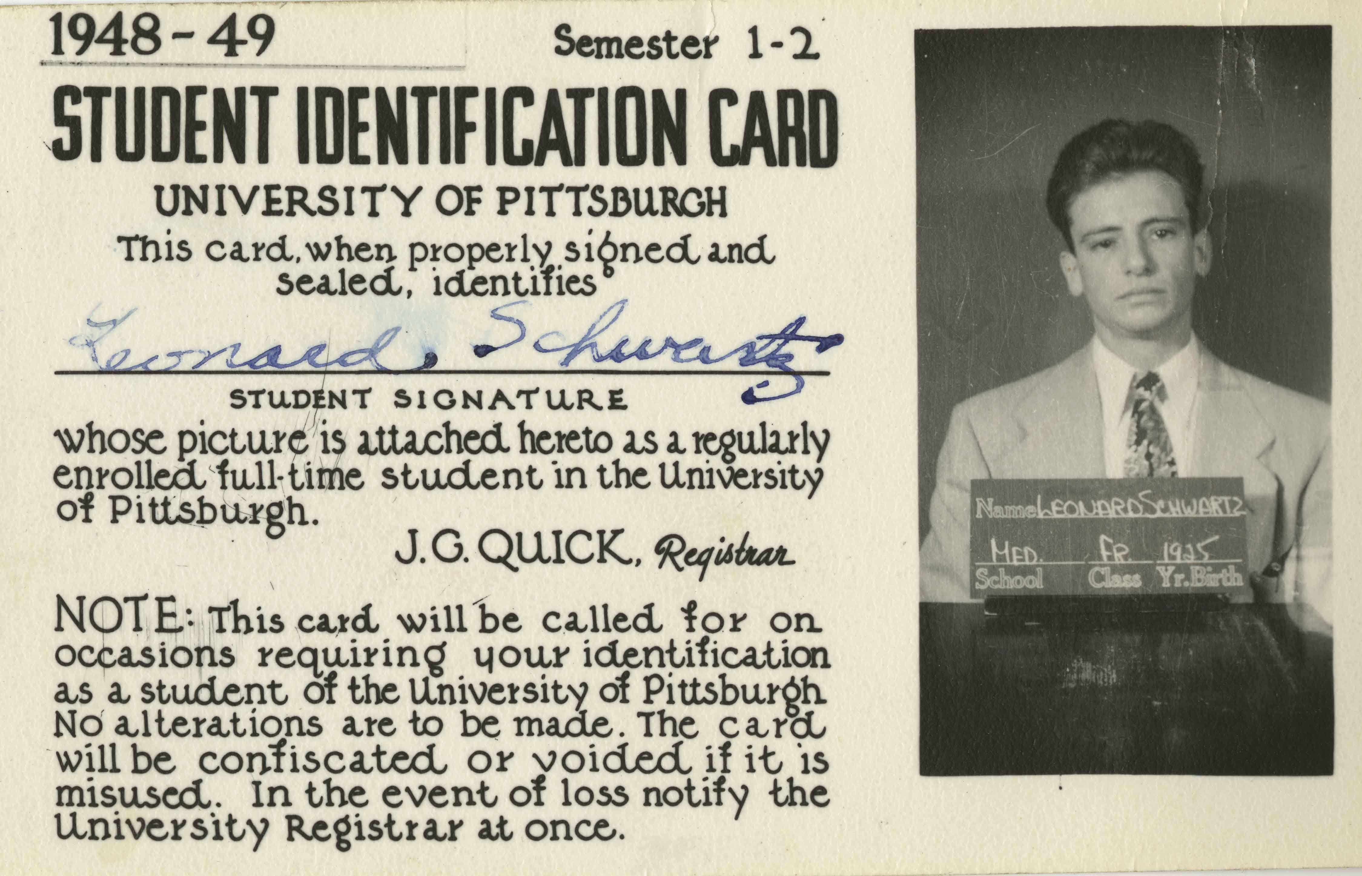 Leonard Schwartz student ID - Rauh Jewish Archives
