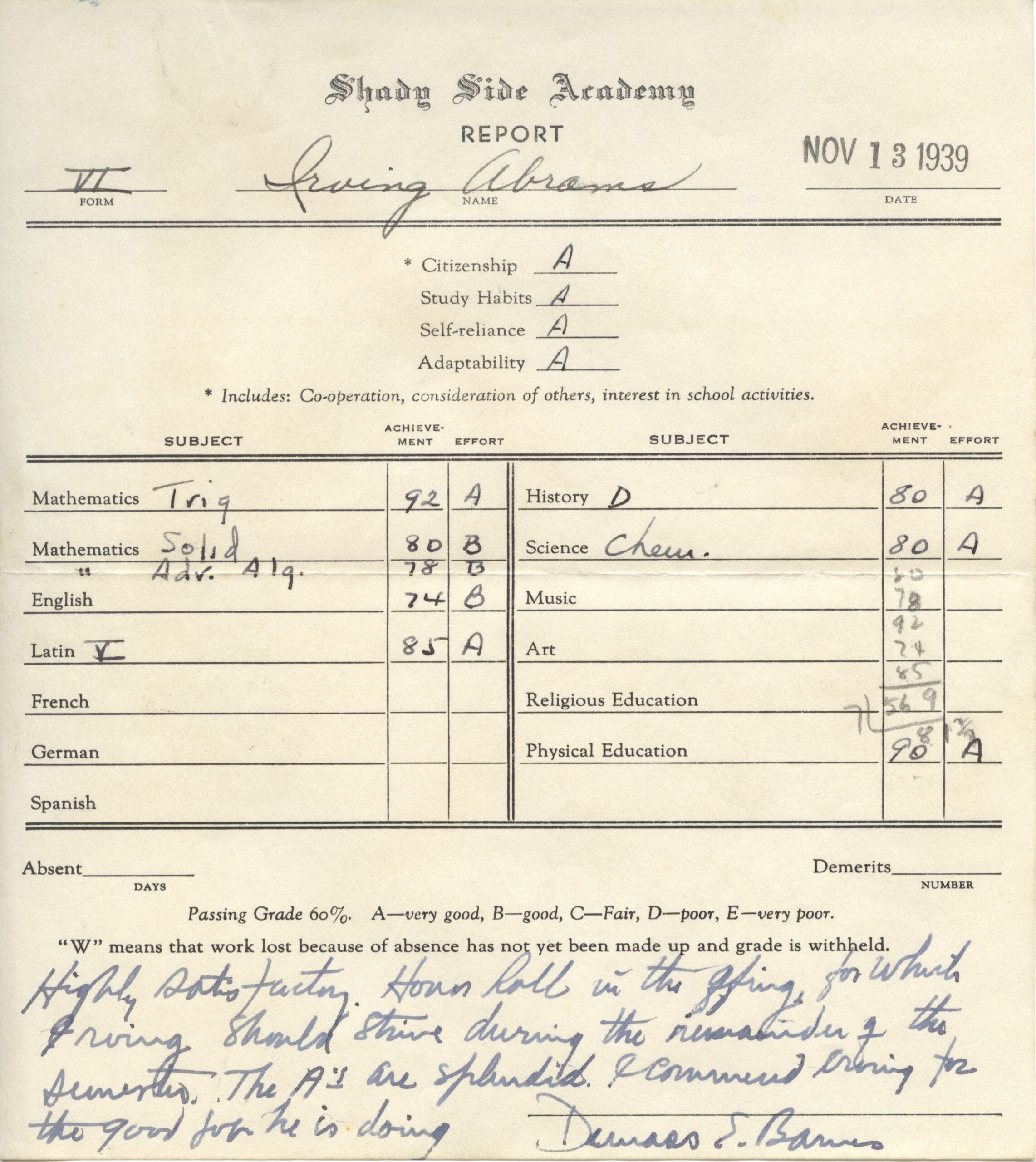 Shadyside Academy report card - Rauh Jewish Archives