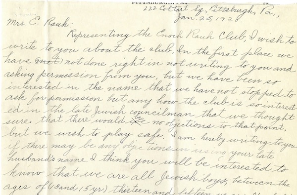 Enoch Rauh Club-Bertha Rauh letter - Rauh Jewish Archives