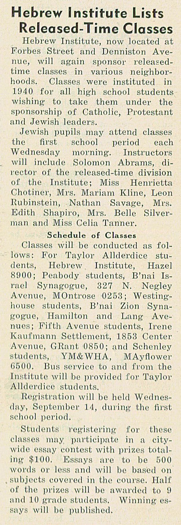 "Hebrew Institute Lists Released-Time Classes" - Rauh Jewish Archives